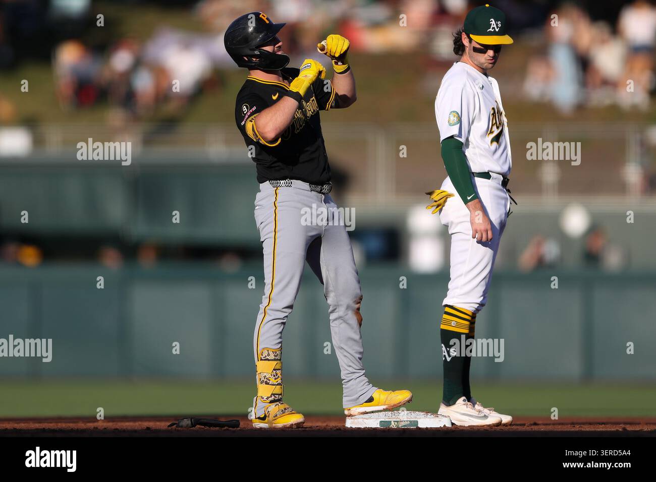 Pittsburgh Pirates' Spencer Horwitz reacts after hitting a double ...
