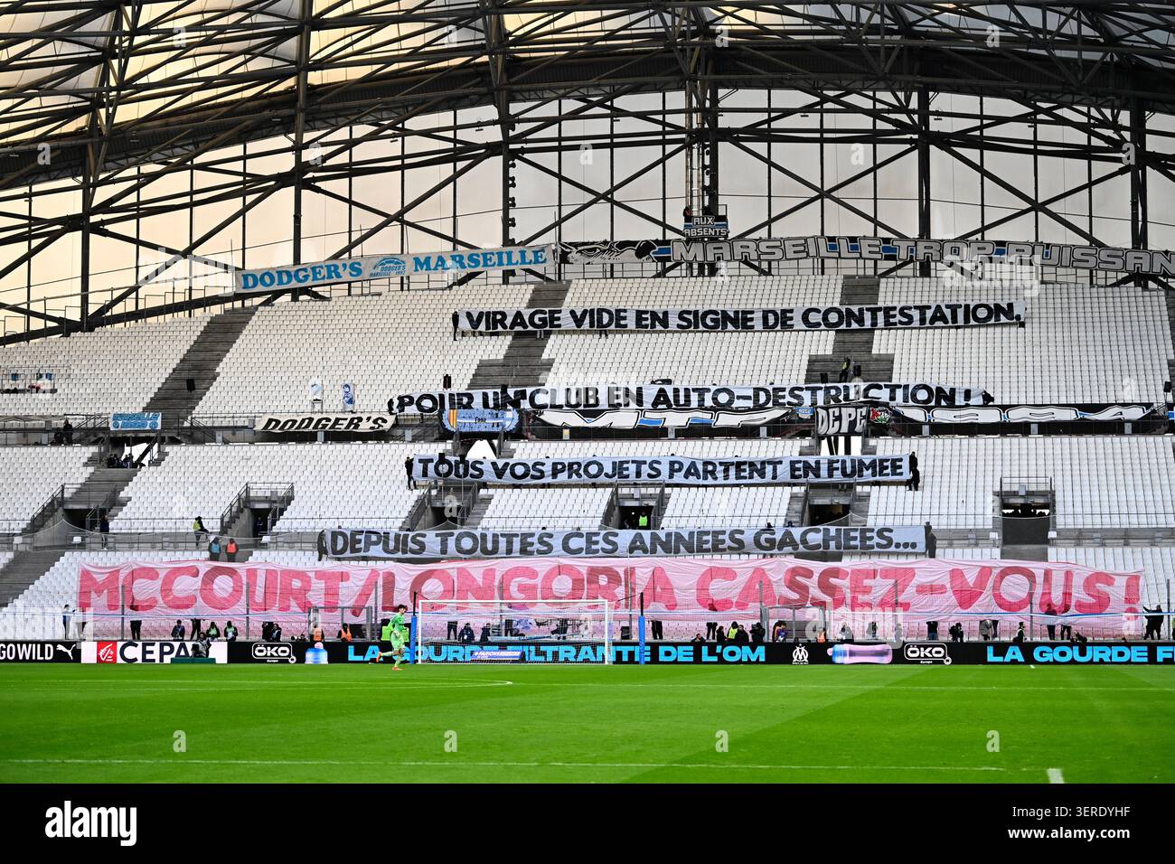 FILE -Banners protesting the club owner are placed on the stands during ...