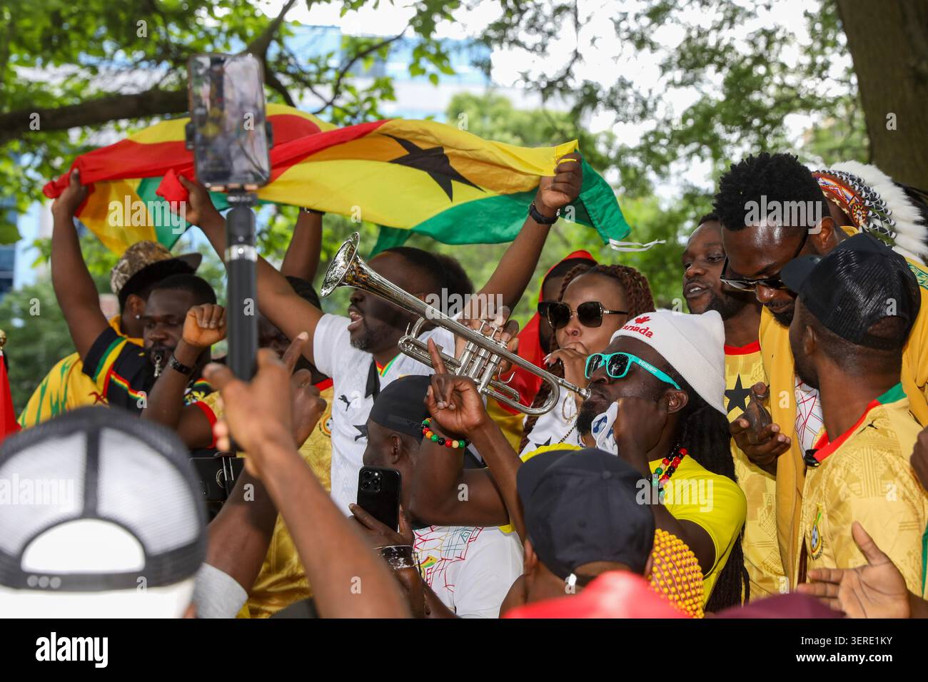 Toronto, Canada. 17 June, 2026. Ghana fans sing, cheer, and dance at ...