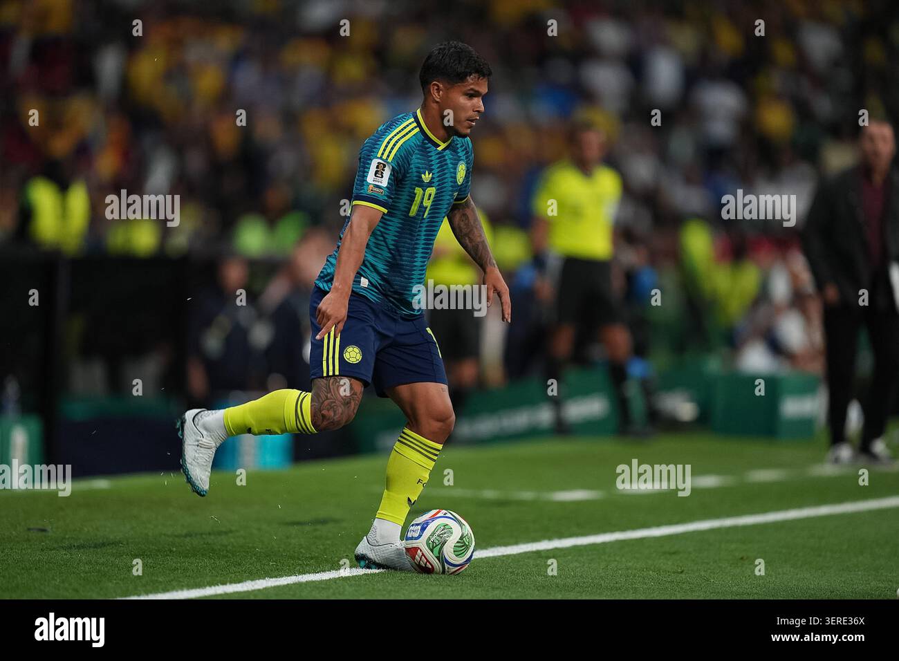 Cucho Hernández #19 of Colombia drives the ball forward during the FIFA ...