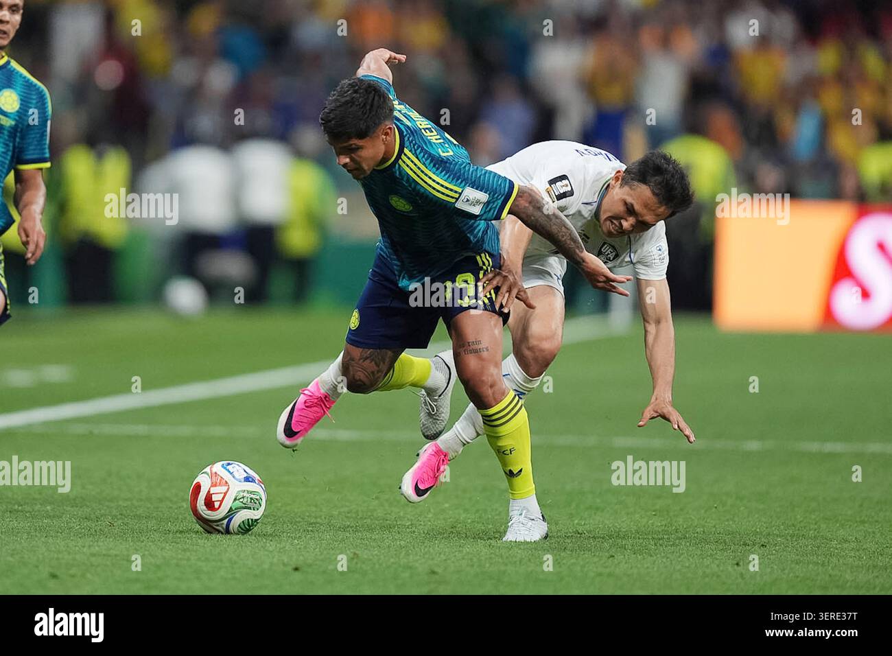 Cucho Hernández #19 of Colombia drives the ball forward during the FIFA ...