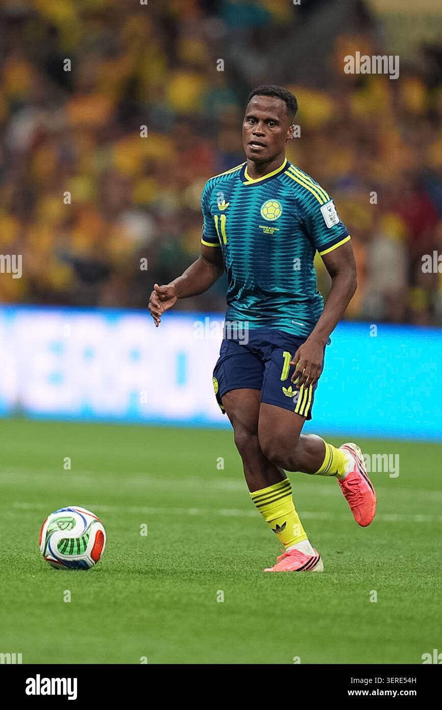 Jhon Arias #11 of Colombia controls the ball during the FIFA World Cup ...