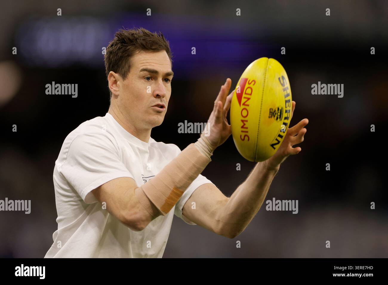 Jeremy Cameron of the Cats is seen warming up before the AFL Round 15 ...