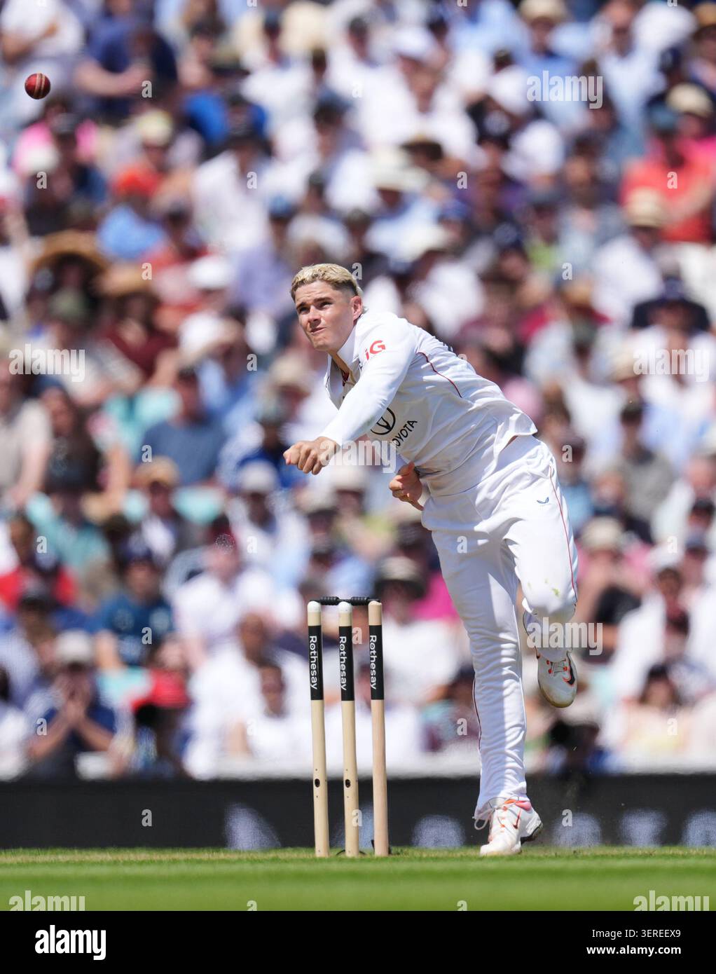England's Jacob Bethell bowling on day two of the Second Rothesay Test ...