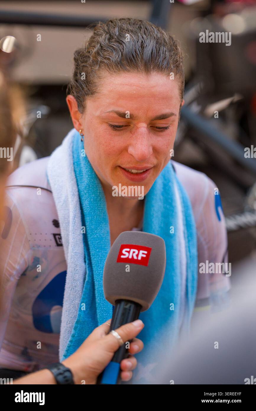 Locarno, Switzerland - JUNE 18: Marlen Reusser of Movistar Team give a ...
