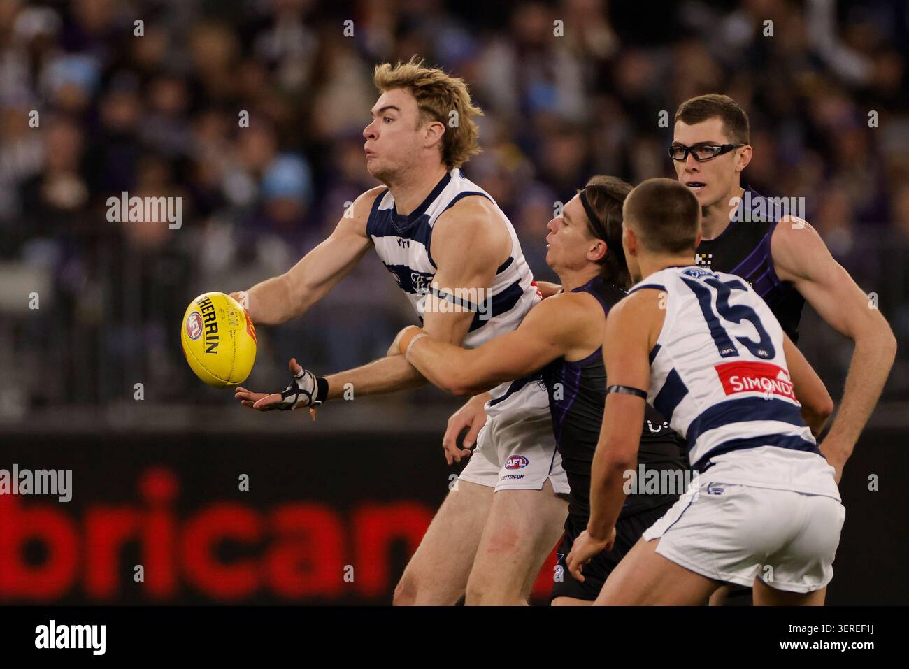 Mitch Edwards of the Cats handballs during the AFL Round 15 match ...