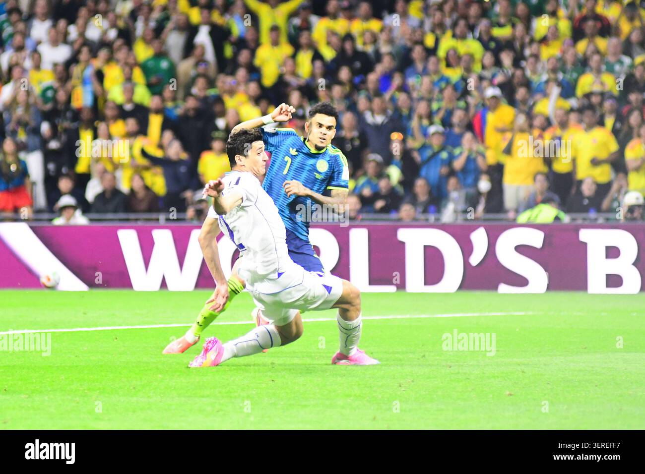 Abdukodir Khusanov and Luis DIAZ of Colombia scores a goal during the ...