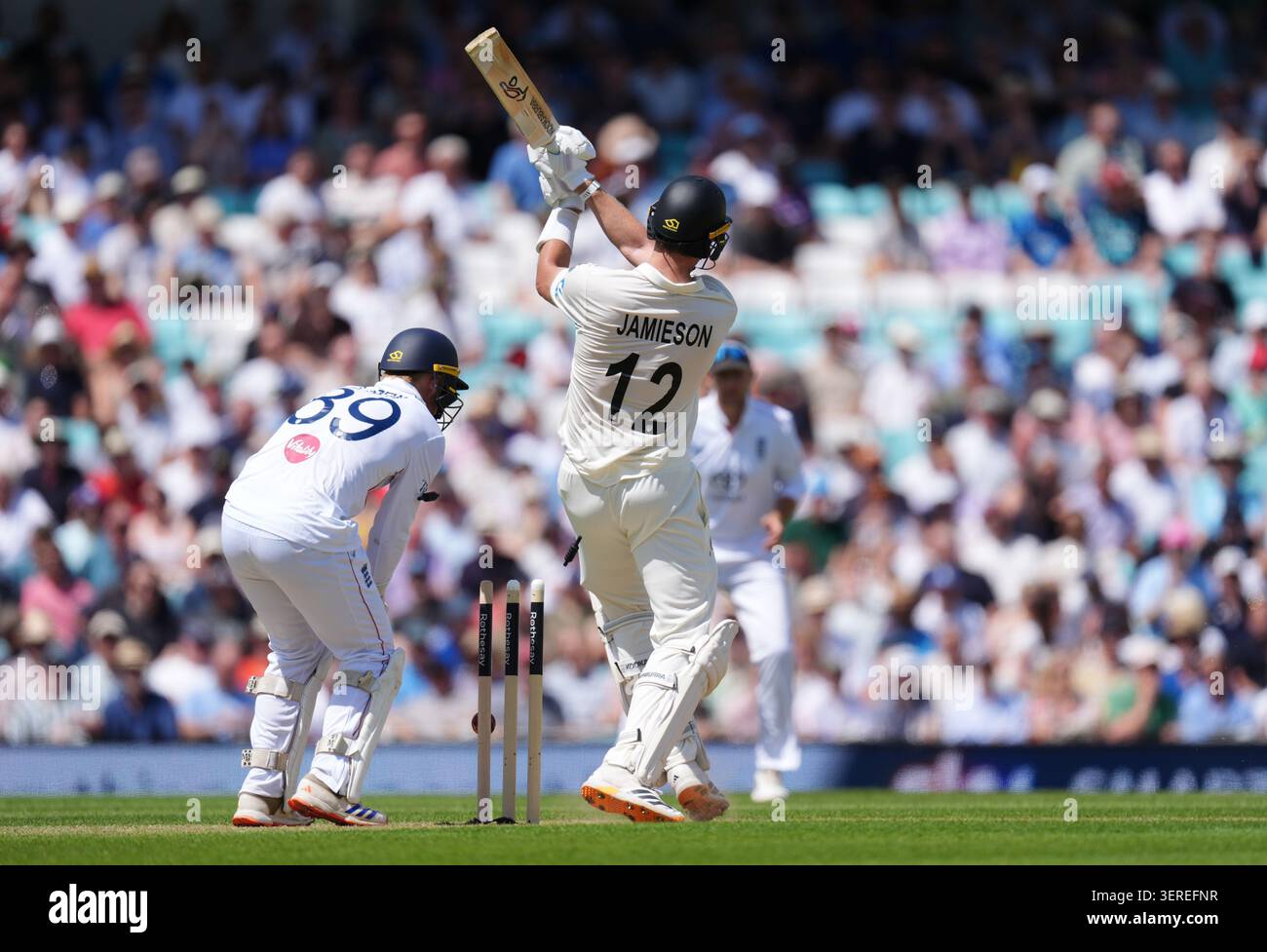 New Zealand's Kyle Jamieson is bowled by England's Jacob Bethell (not ...
