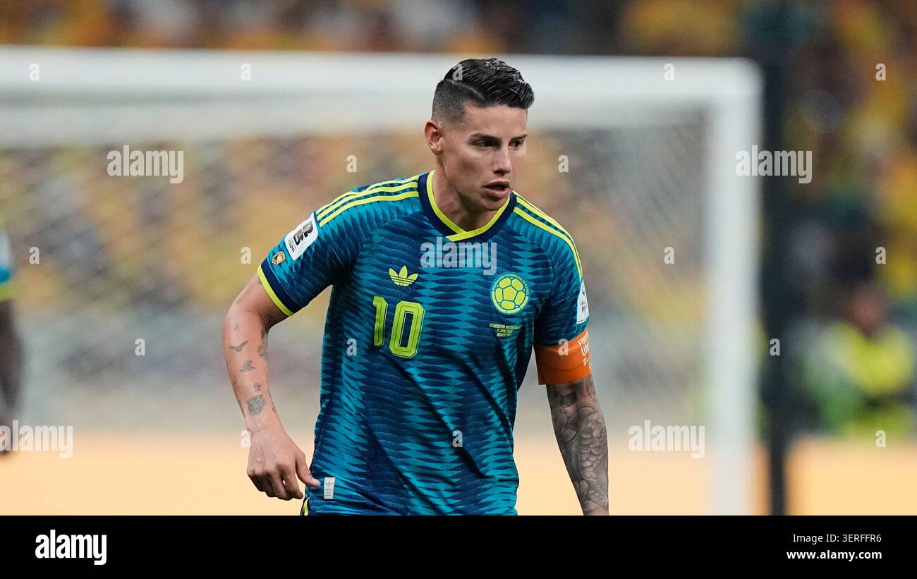 Colombia's James Rodriguez (10) controls the ball during the World Cup ...
