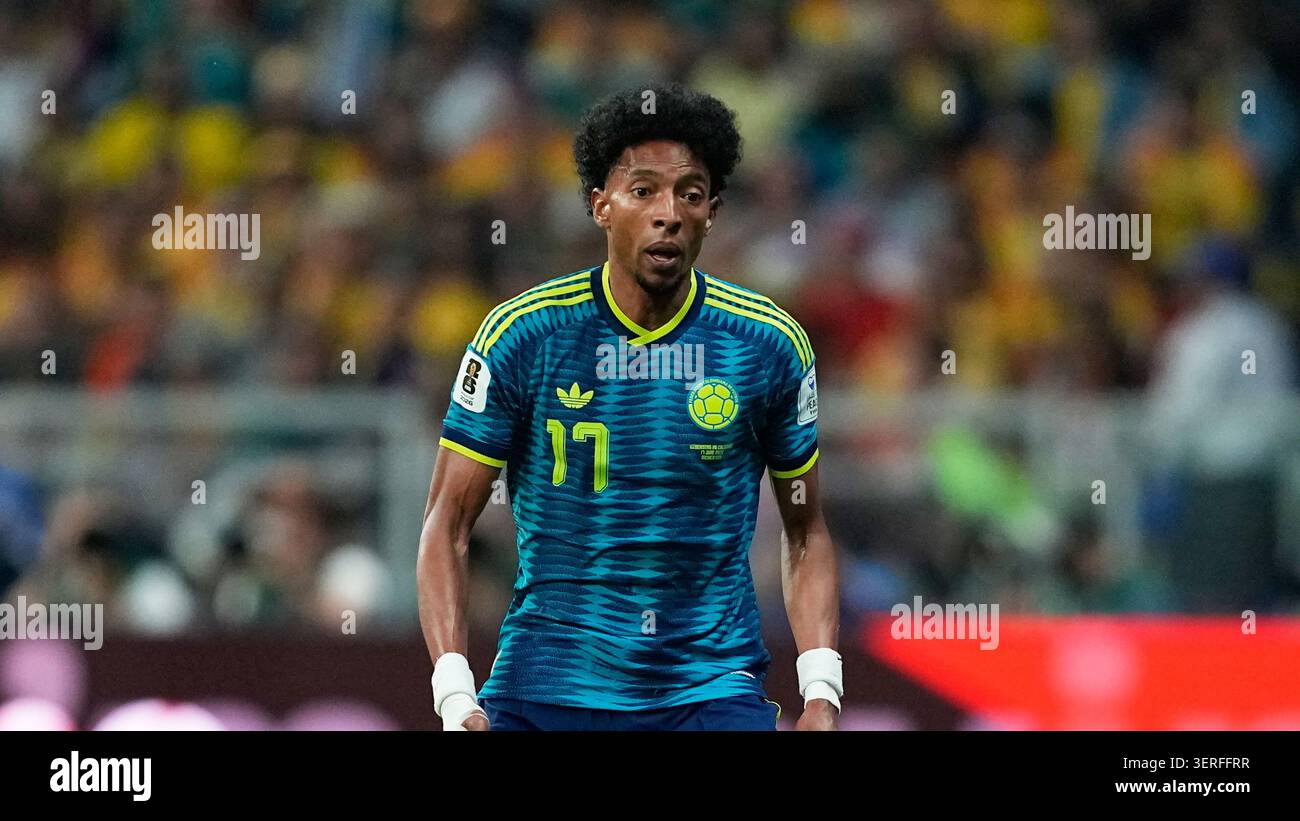 Colombia's Johan Mojica (17) controls the ball during the World Cup ...