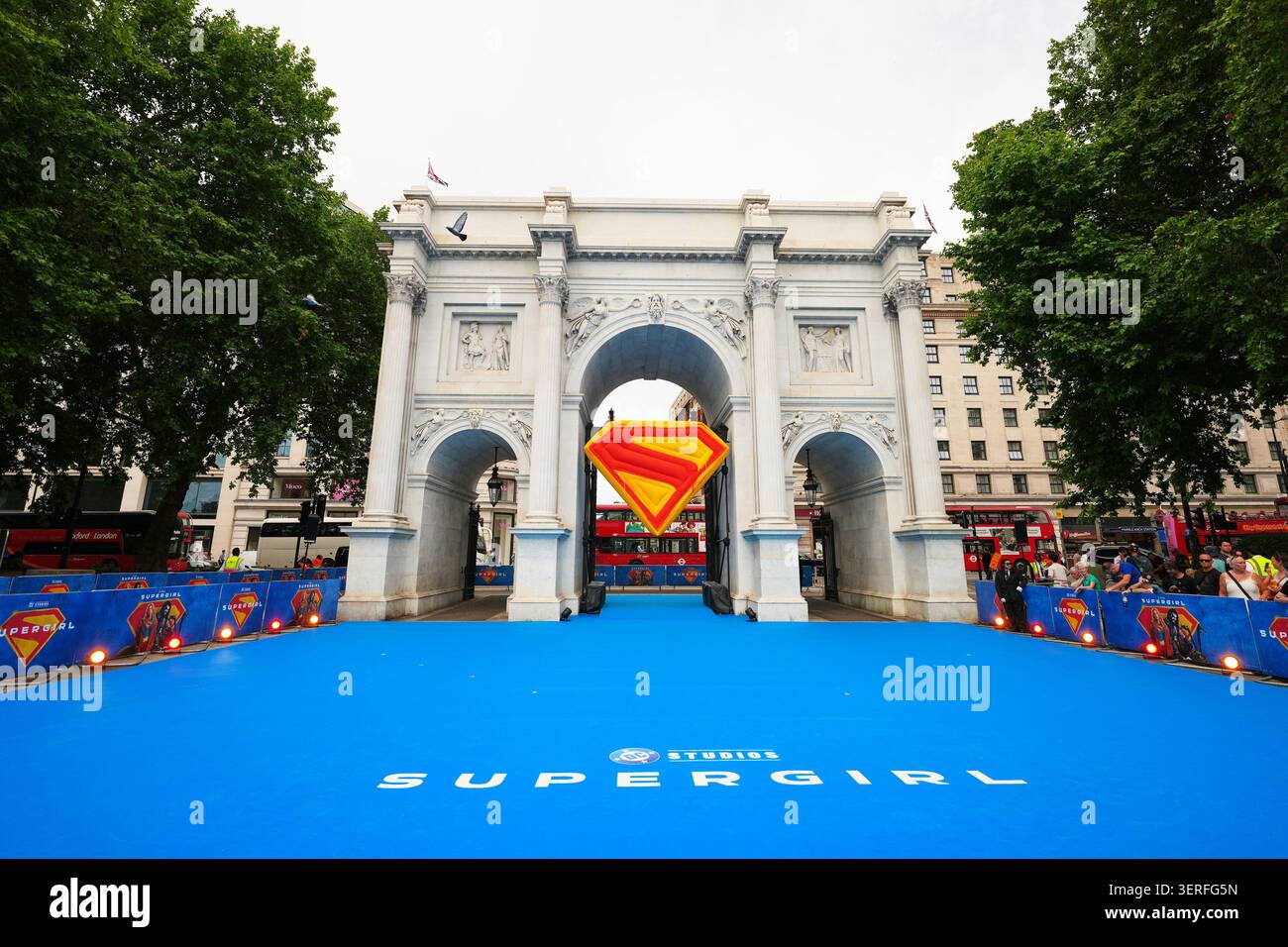 Supergirl logo hangs on Marble Arch at the photo call for the film ...