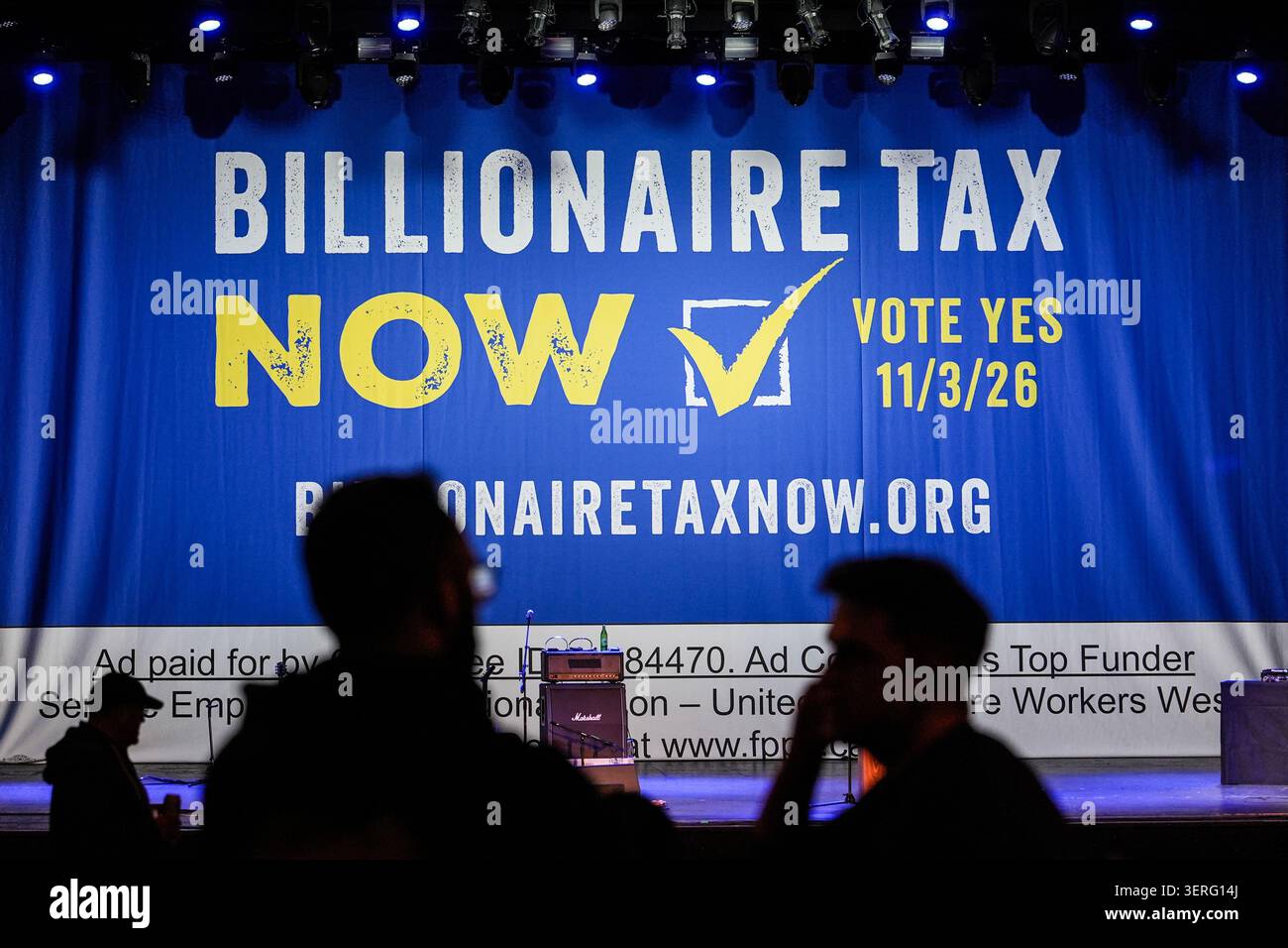 FILE - A large banner is seen at a campaign event for a proposed ...