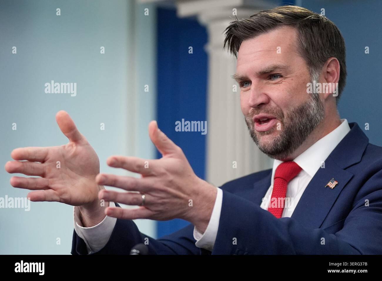 Vice President JD Vance speaks to reporters in the James S. Brady Press ...