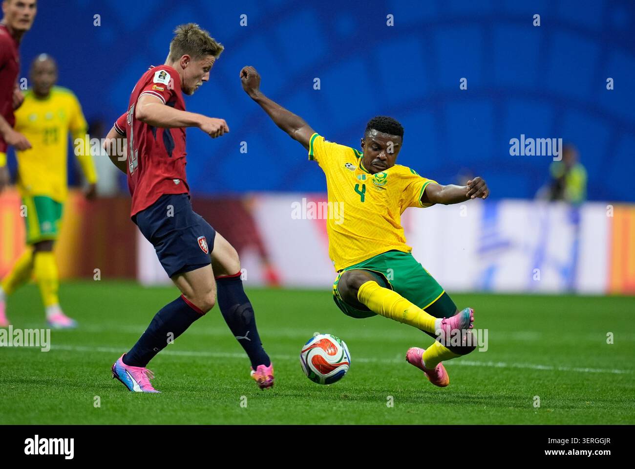 South Africa's Teboho Mokoena, right, tries to block a shot from ...