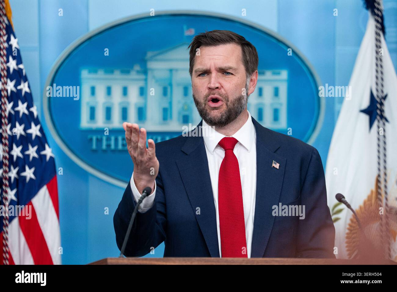 United States Vice President JD Vance conducts a briefing in the James ...
