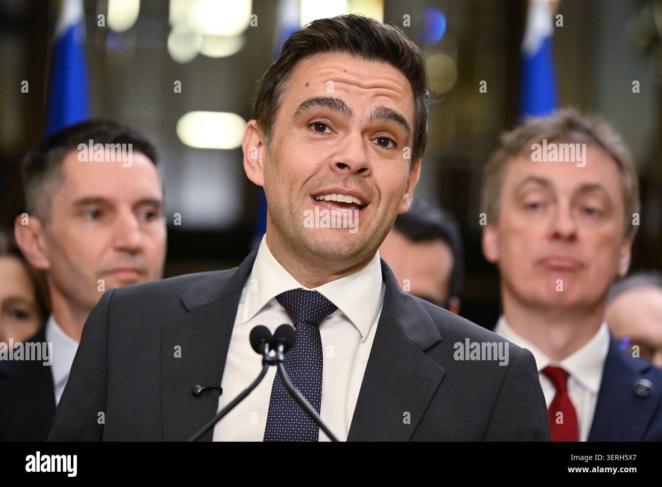 Le chef du Parti libéral du Québec, Charles Milliard, s'exprime lors d ...