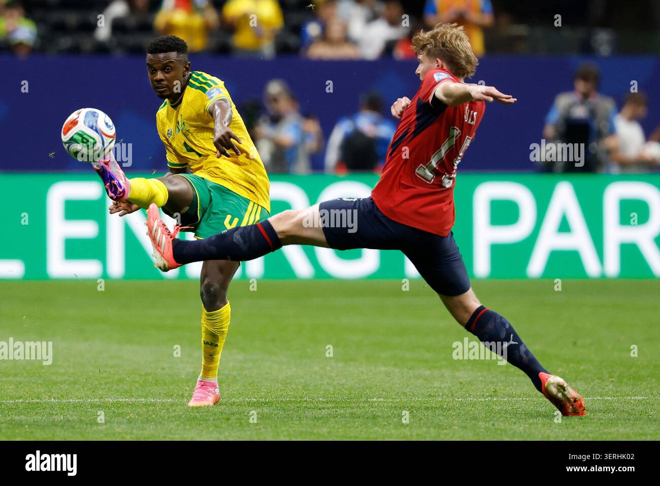 South Africa's Teboho Mokoena, left, passes the ball as Czechia's Pavel ...