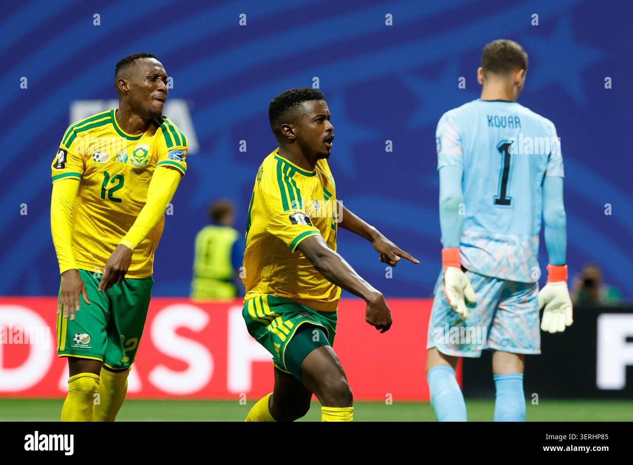 South Africa's Teboho Mokoena, right, celebrates after scoring a ...