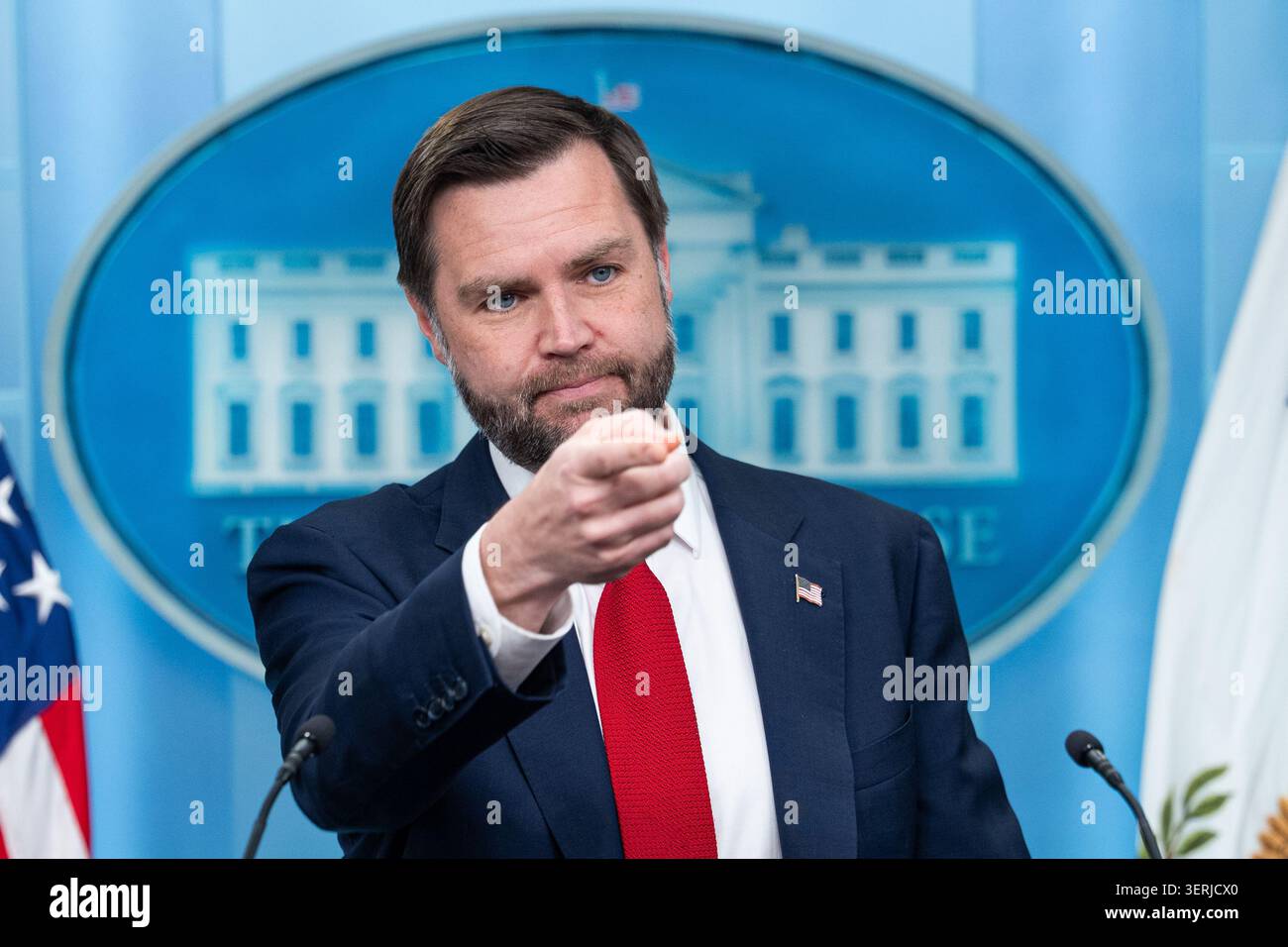 United States Vice President JD Vance conducts a briefing in the James ...