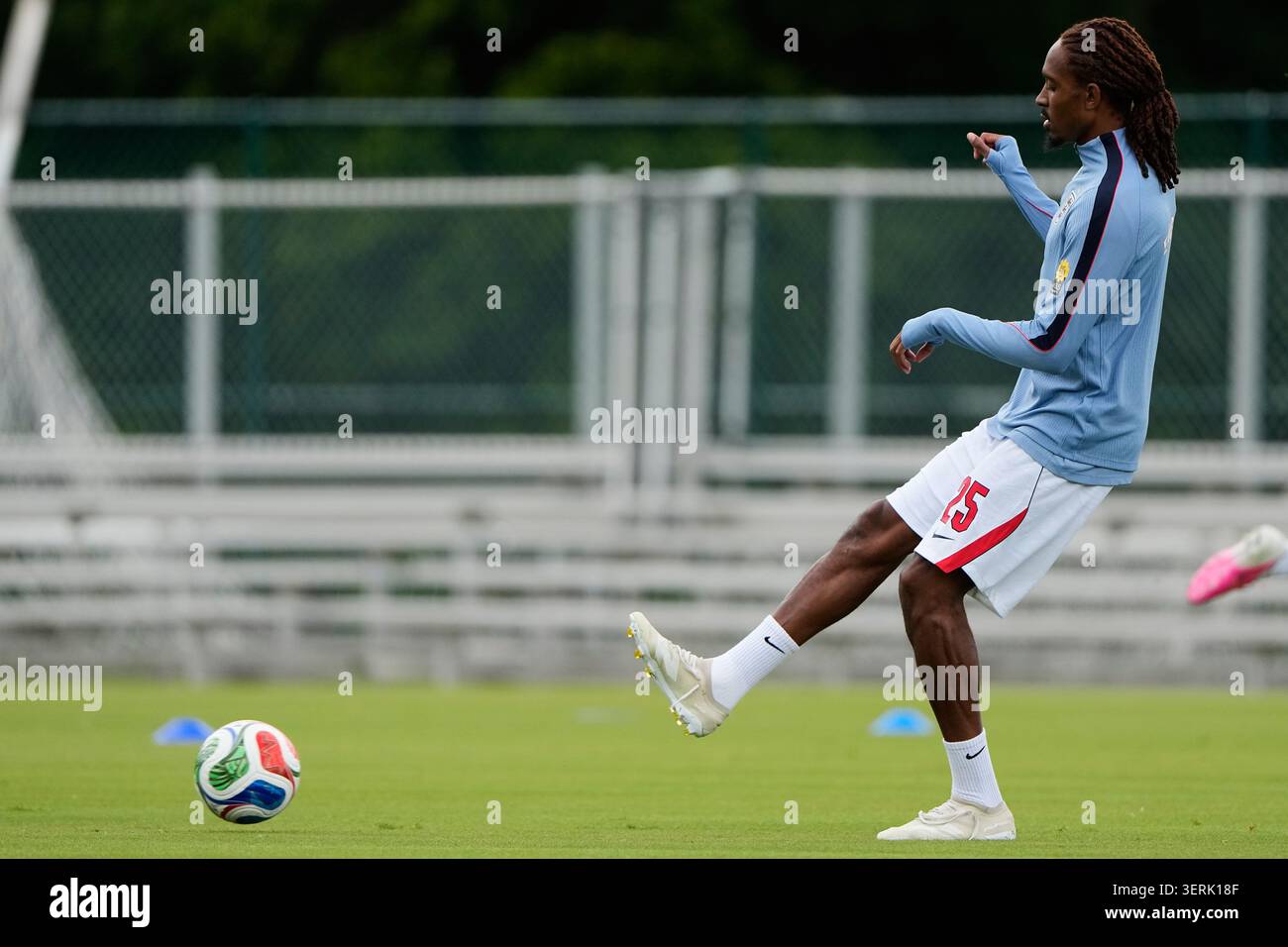 England's Djed Spence practices for the World Cup soccer tournament ...