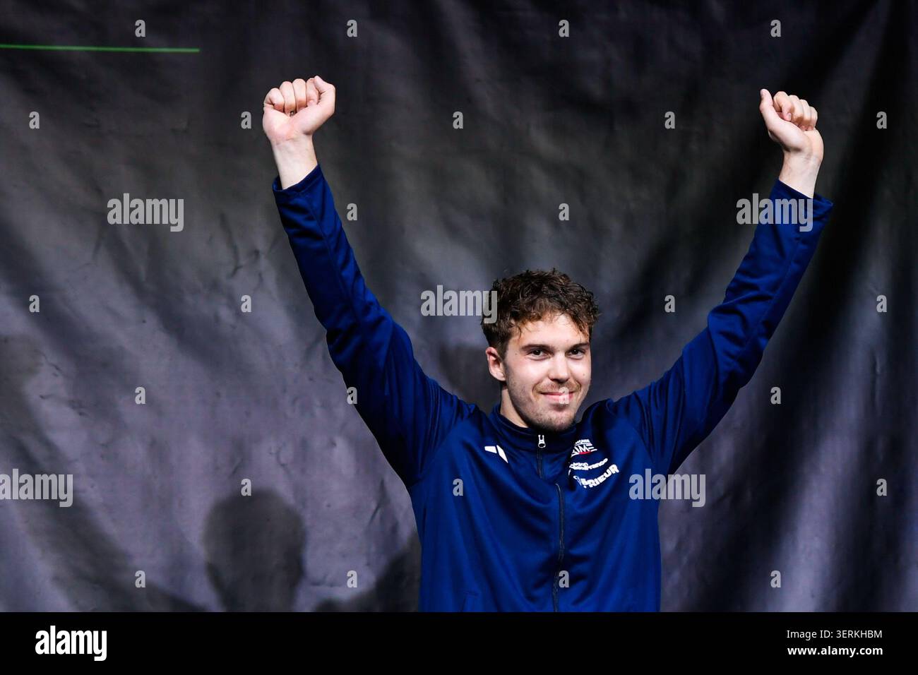 Rafael SAVIN of France celebrates on the podium during 2026 European ...
