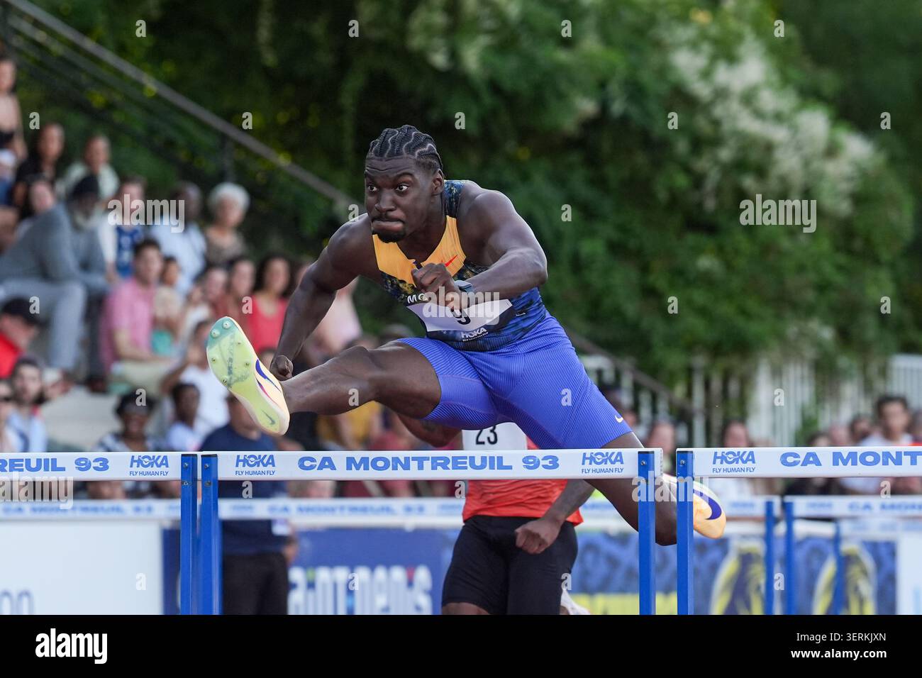 Elie BACARI of Belgium competes in the Men 110m hurdles event during ...