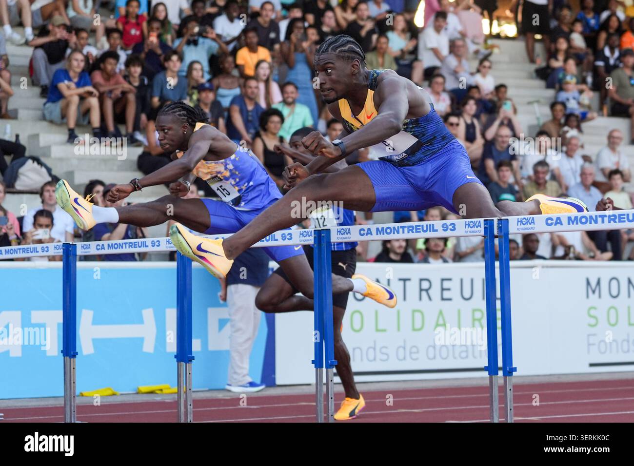Elie BACARI of Belgium competes in the Men 110m hurdles event during ...