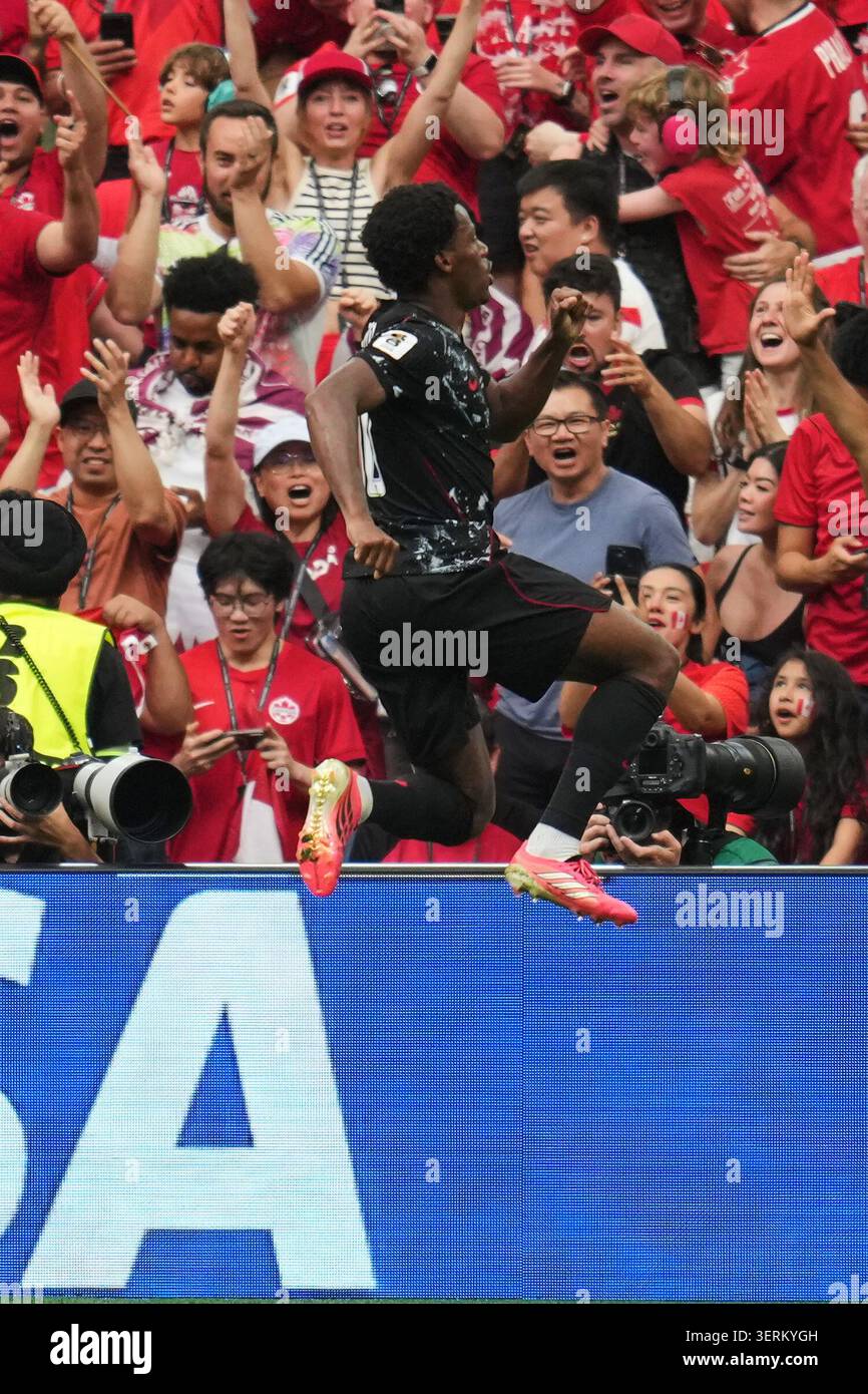 Canada's Jonathan David celebrates after scoring his side's second goal ...