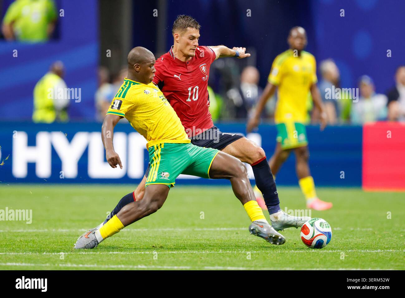 South Africa's Mbekezeli Mbokazi and Czechia's Patrik Schick battle for ...