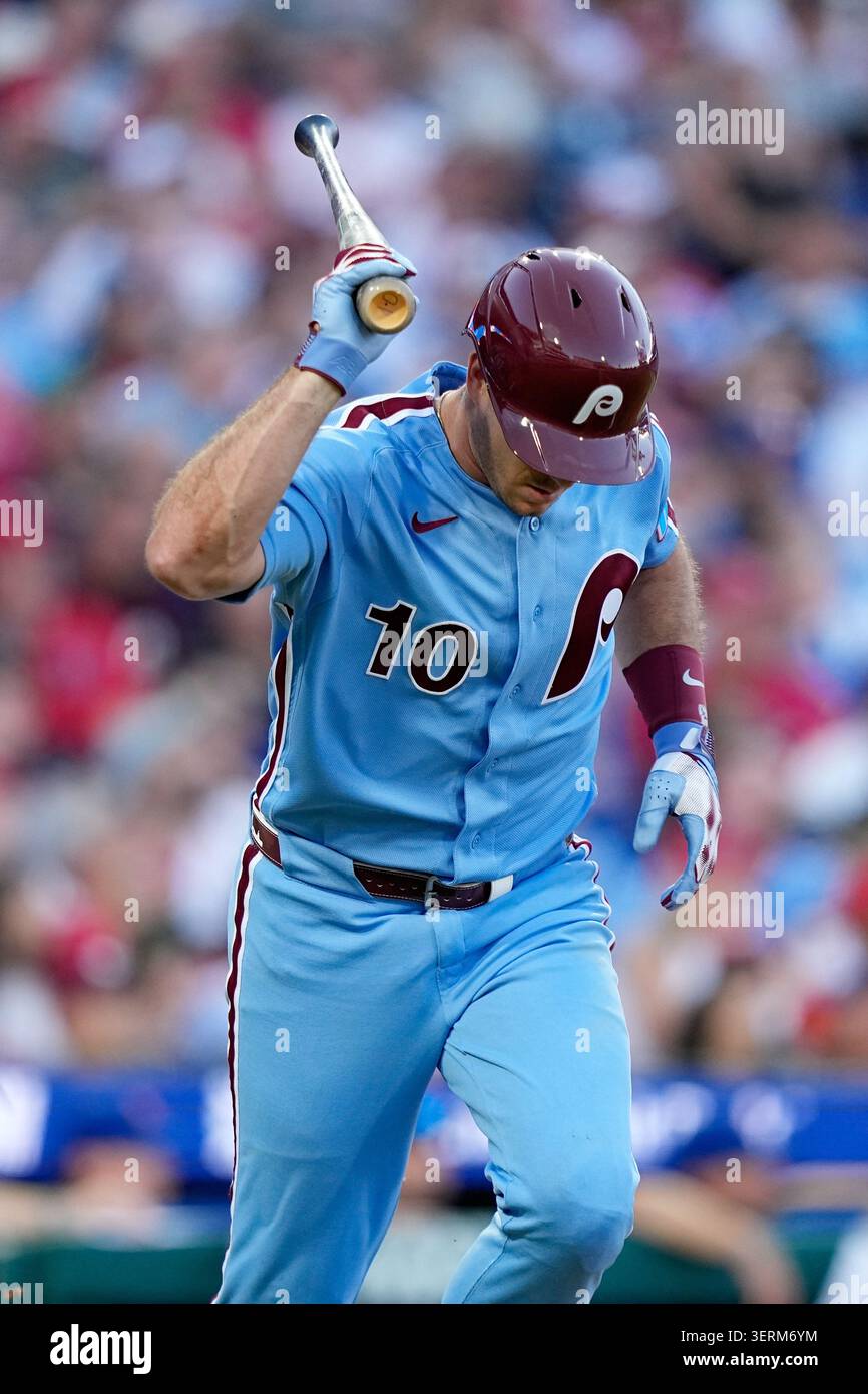 Philadelphia Phillies' J.T. Realmuto reacts after flying out against ...