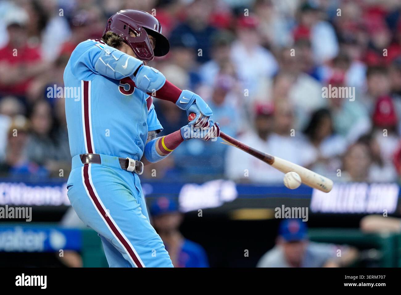 Philadelphia Phillies' Bryson Stott breaks his bat on a foul ball ...