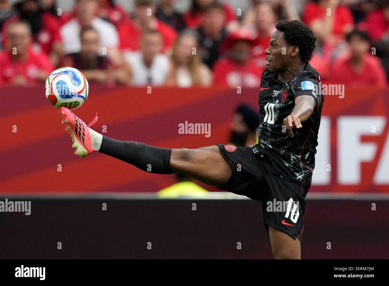 Canada's Jonathan David (10) gets his boot on the ball during the World ...