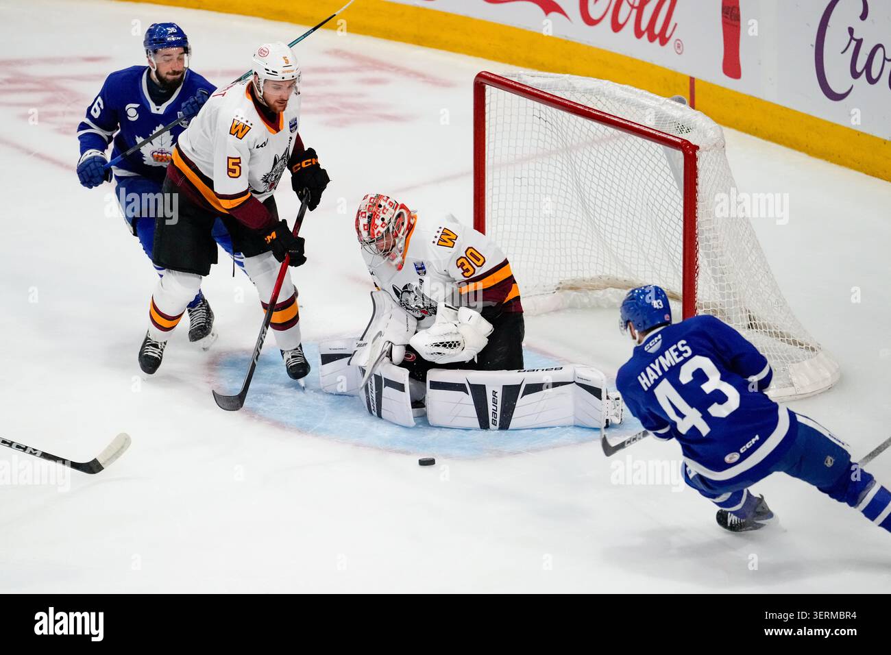 Toronto Marlies centre Luke Haymes (43) scores on Chicago Wolves ...