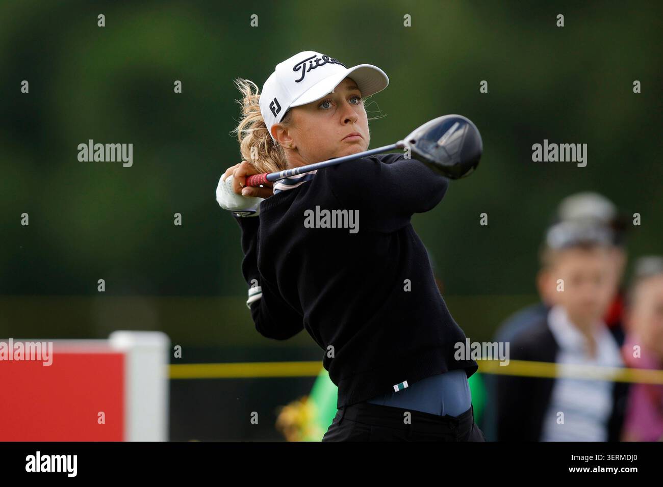 Pauline Roussin-Bouchard, of France, watches her tee shot on the ninth ...
