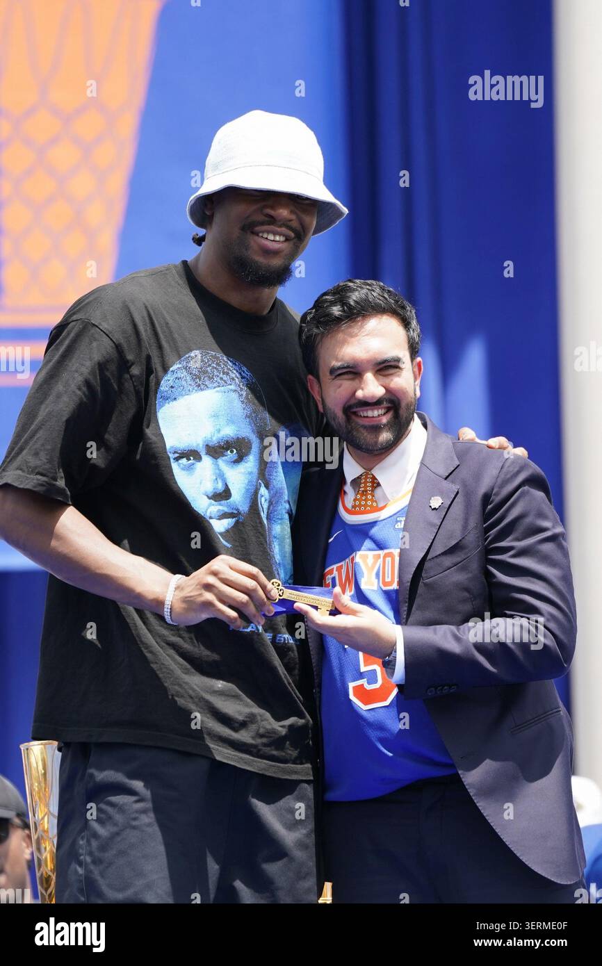 Ariel Hukporti, Zohran Mamdani at a public appearance for Knicks NBA ...