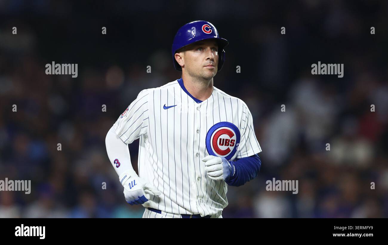 Chicago Cubs' Alex Bregman runs towards first base after being walked ...