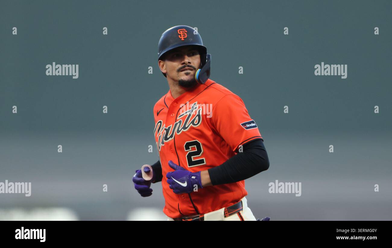 San Francisco Giants' Willy Adames jogs to the dugout after popping out ...