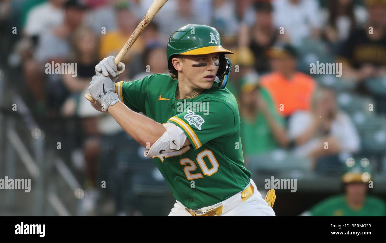 Athletics' Zack Gelof bats during the fifth inning of a baseball game ...