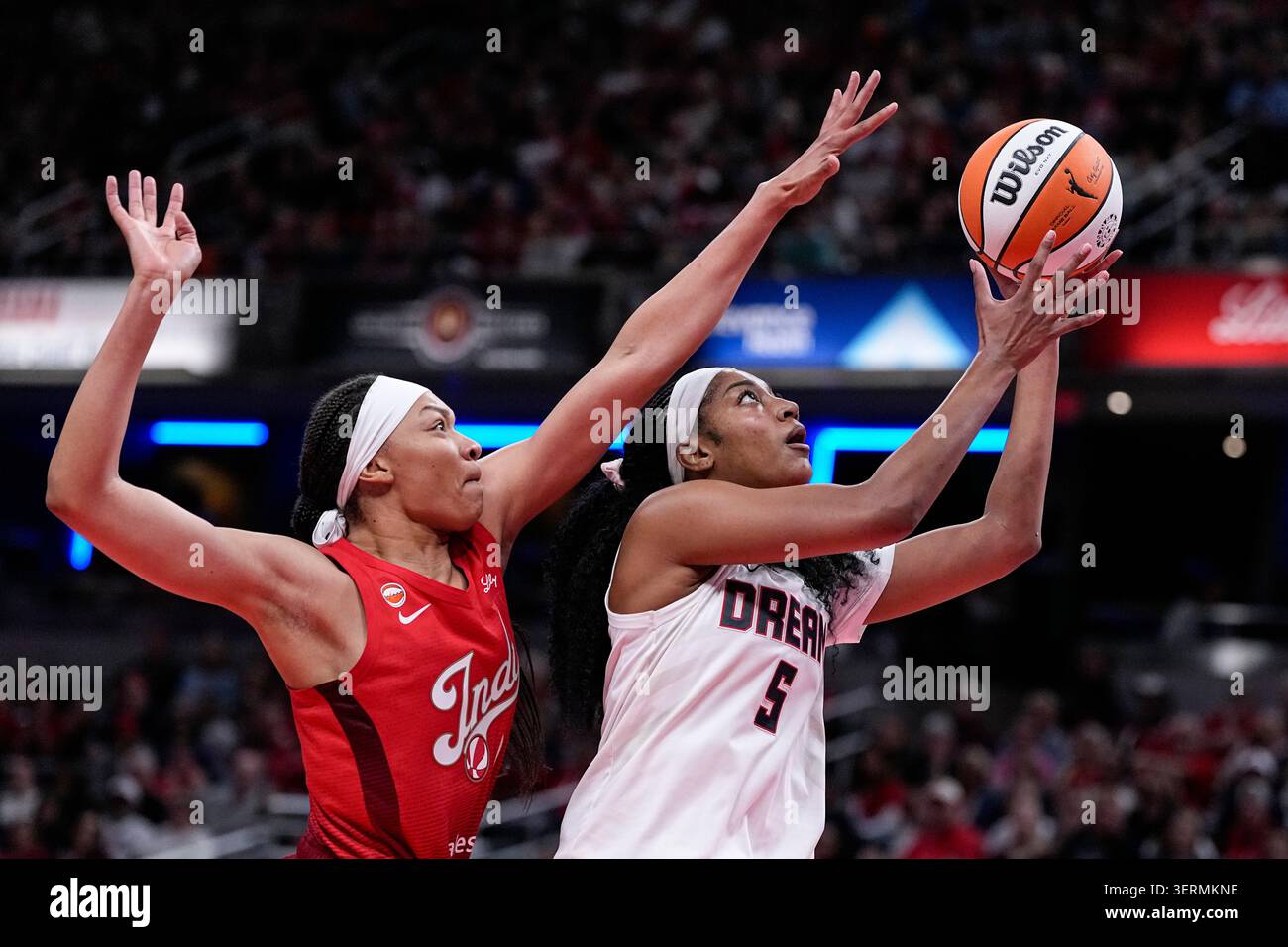 Atlanta Dream forward Angel Reese (5) looks to shoot in front of ...