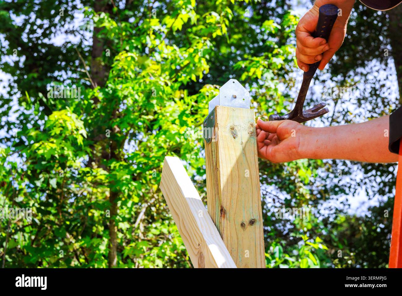 Frame worker hammers metal bracket onto wooden post surrounded by trees ...