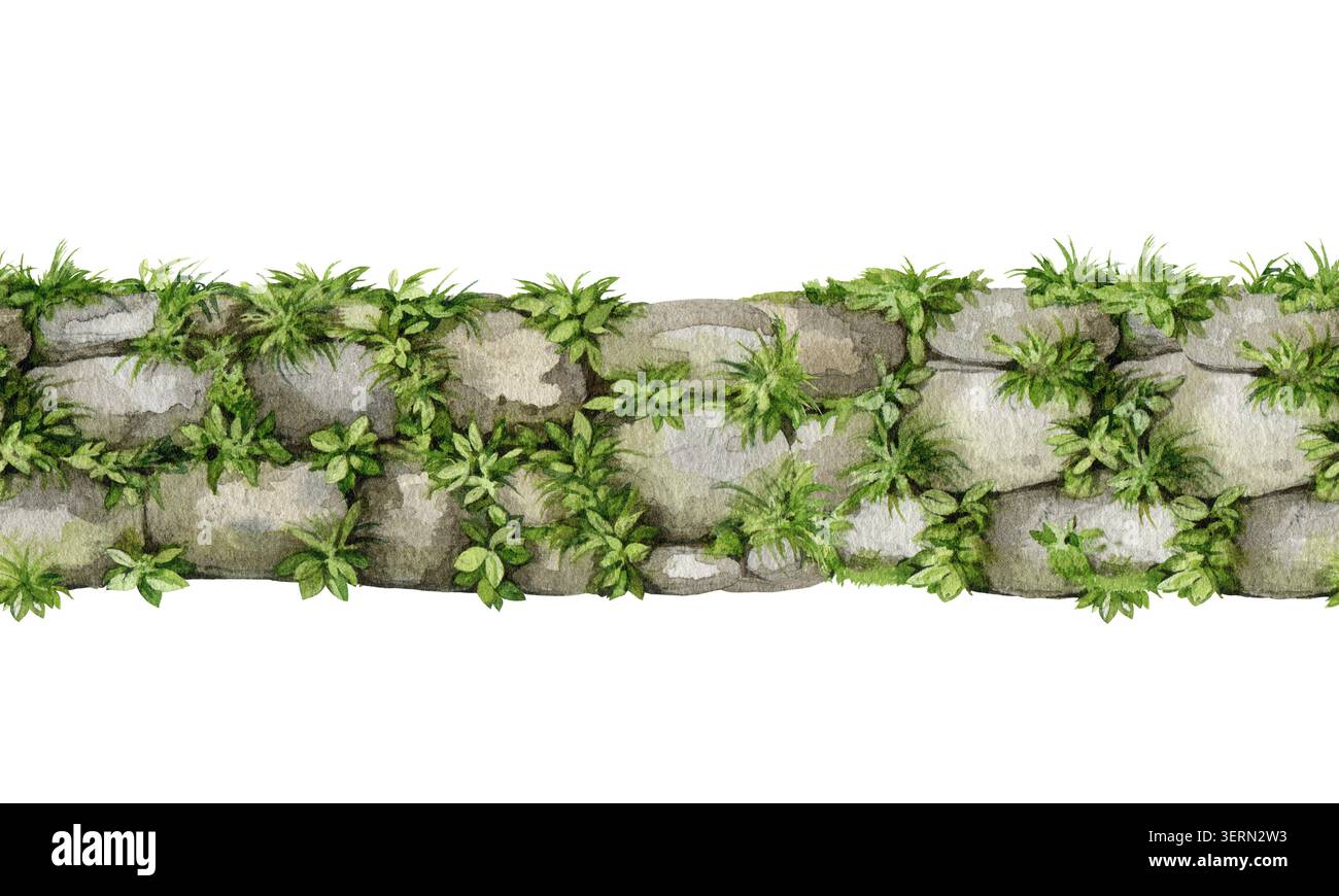 Watercolor overgrown stone wall seamless border isolated on white ...