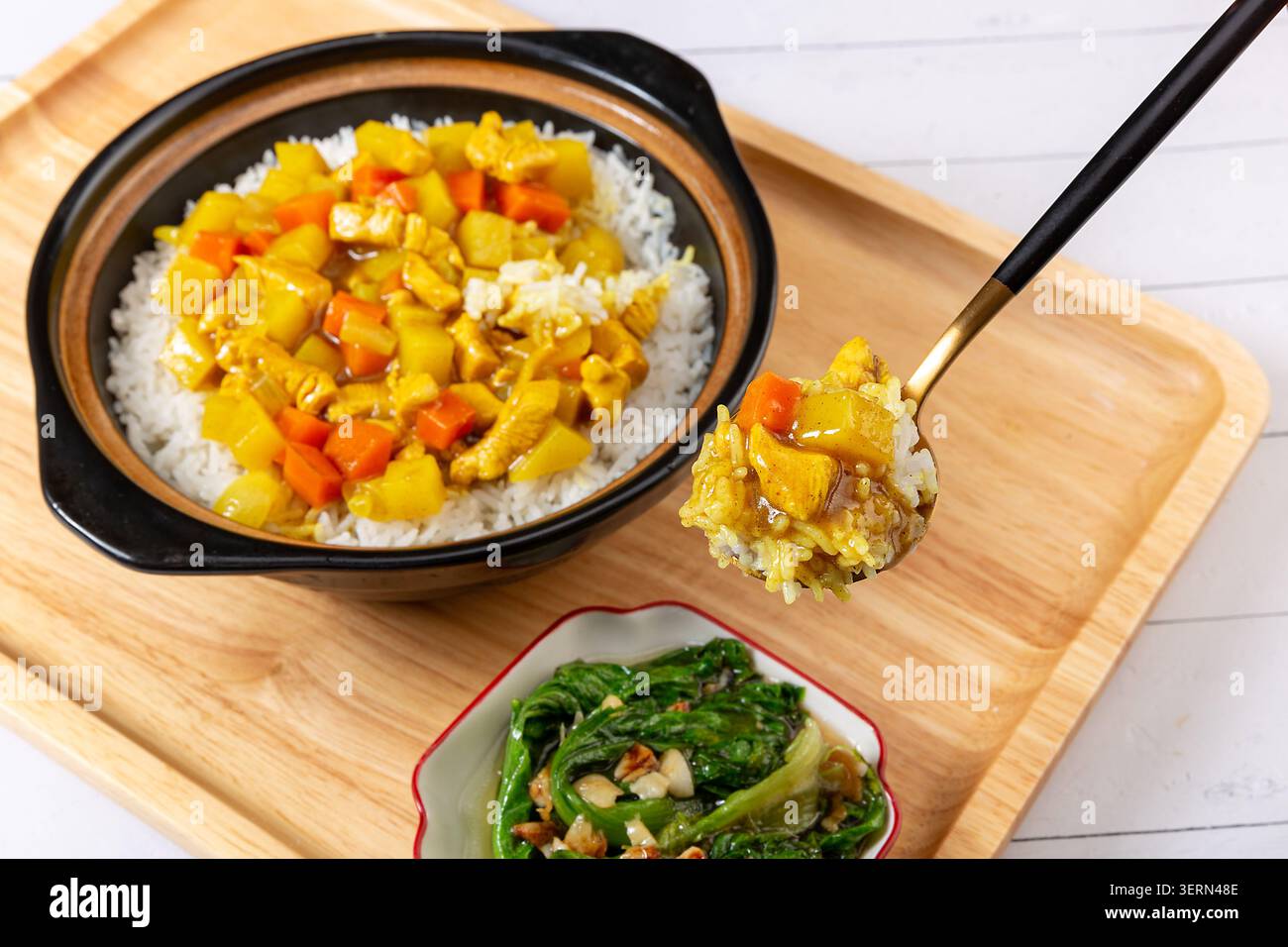 Chinese Curry Chicken Claypot Rice Casserole with Vegetables, Top View ...