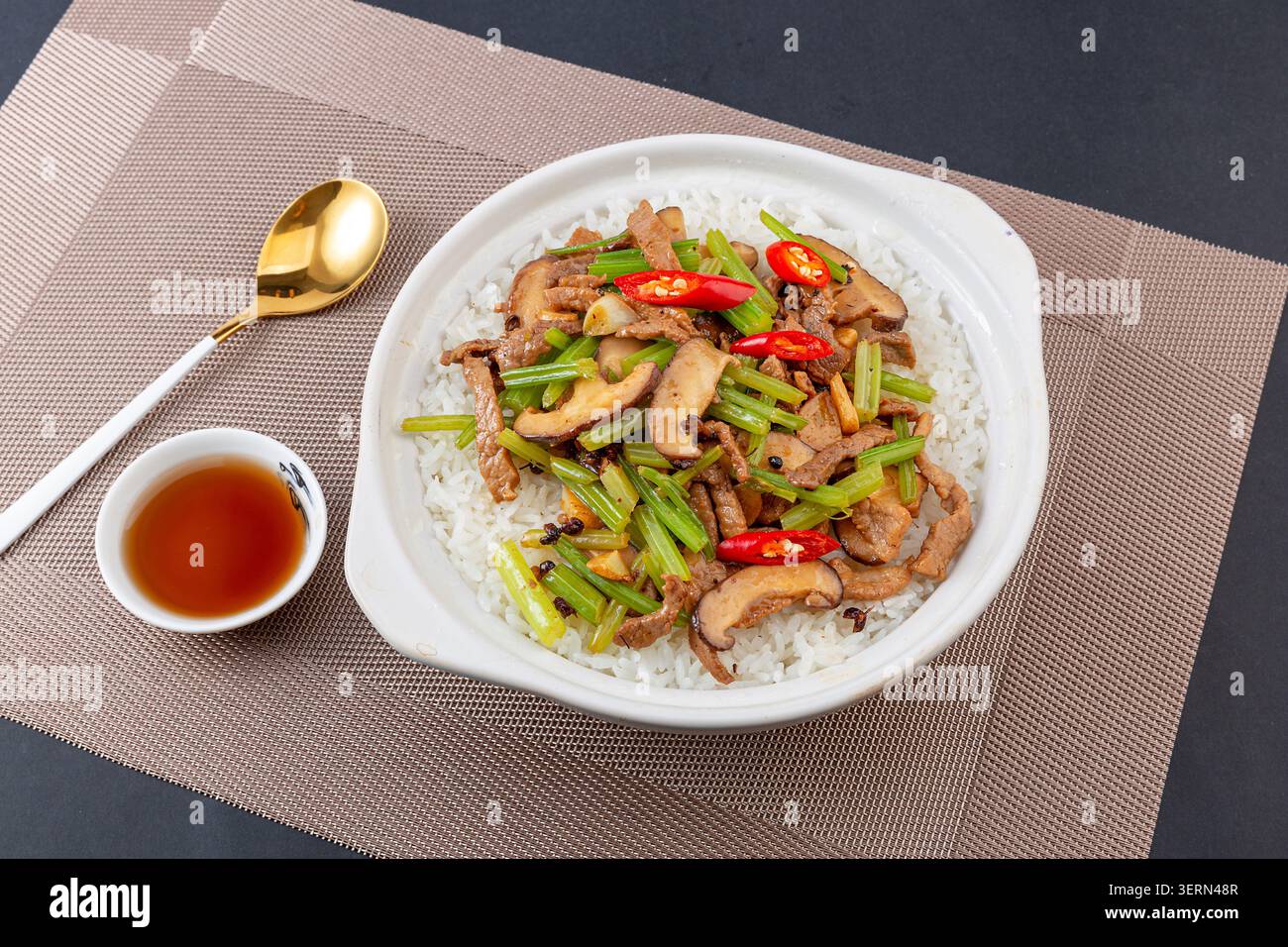 Cantonese Claypot Rice with Shredded Pork and Celery, Asian Cuisine ...