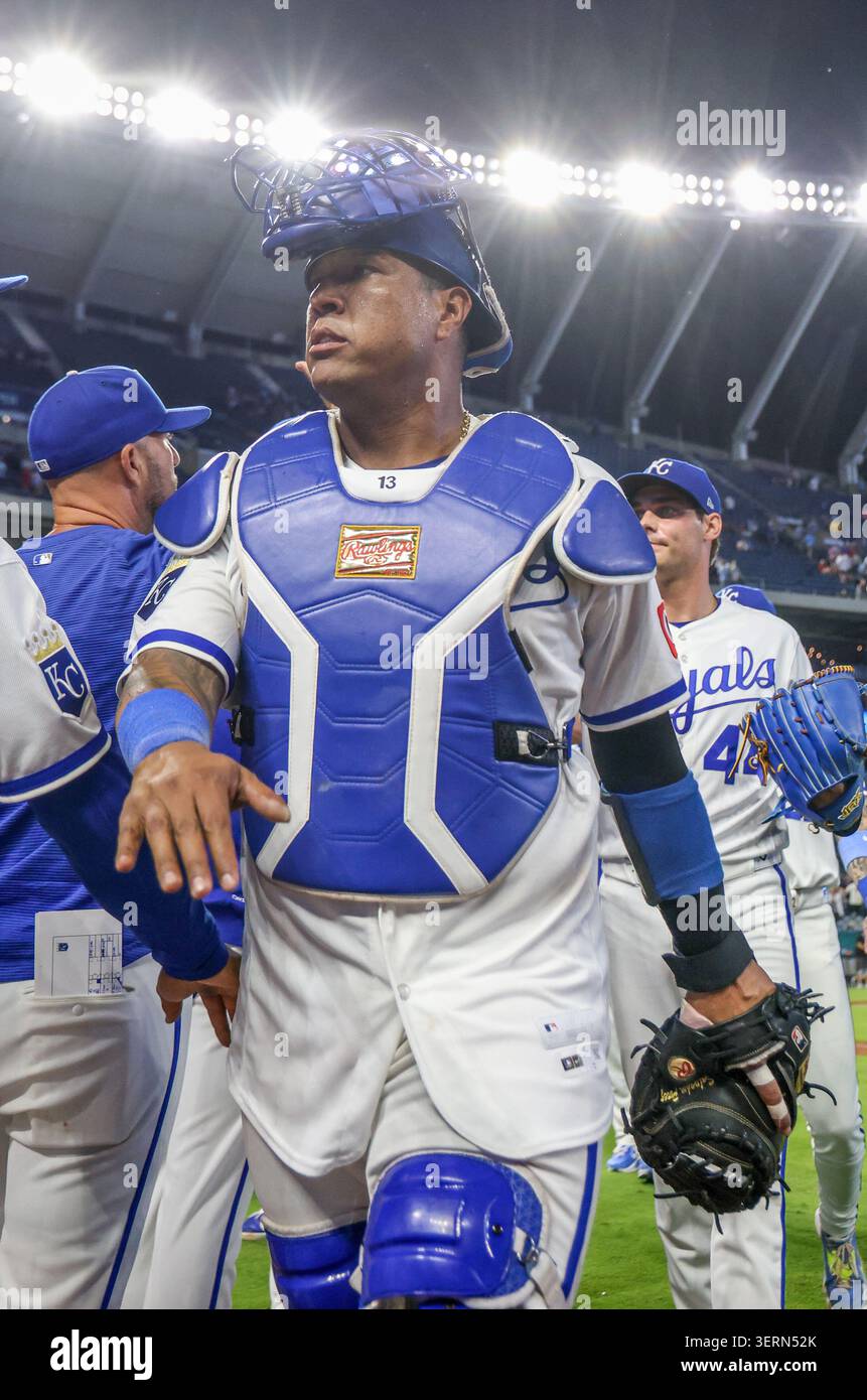 JUN 18, 2026: Kansas City Royals catcher Salvador Perez (13) gets high ...
