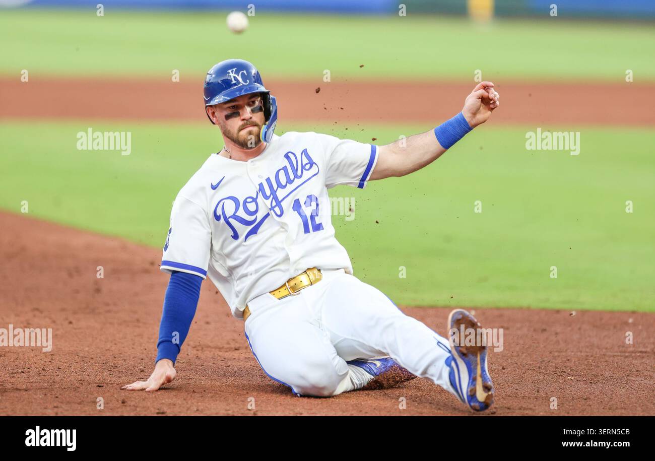 JUN 18, 2026: Kansas City Royals infielder Nick Loftin (12) slides into ...
