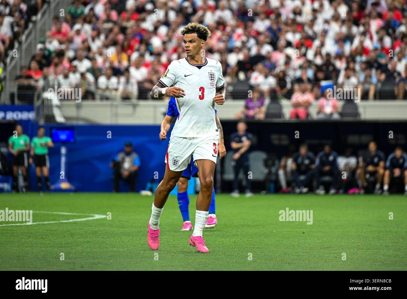 June 17, 2026: England defender Nico O'Reilly (3) looks for the ball ...
