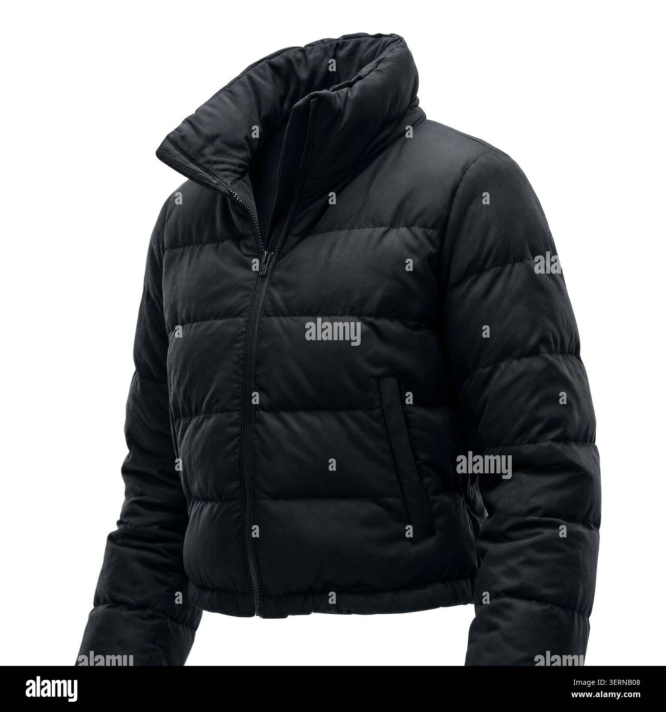 A stylish black puffer jacket showcased on a transparent background ...
