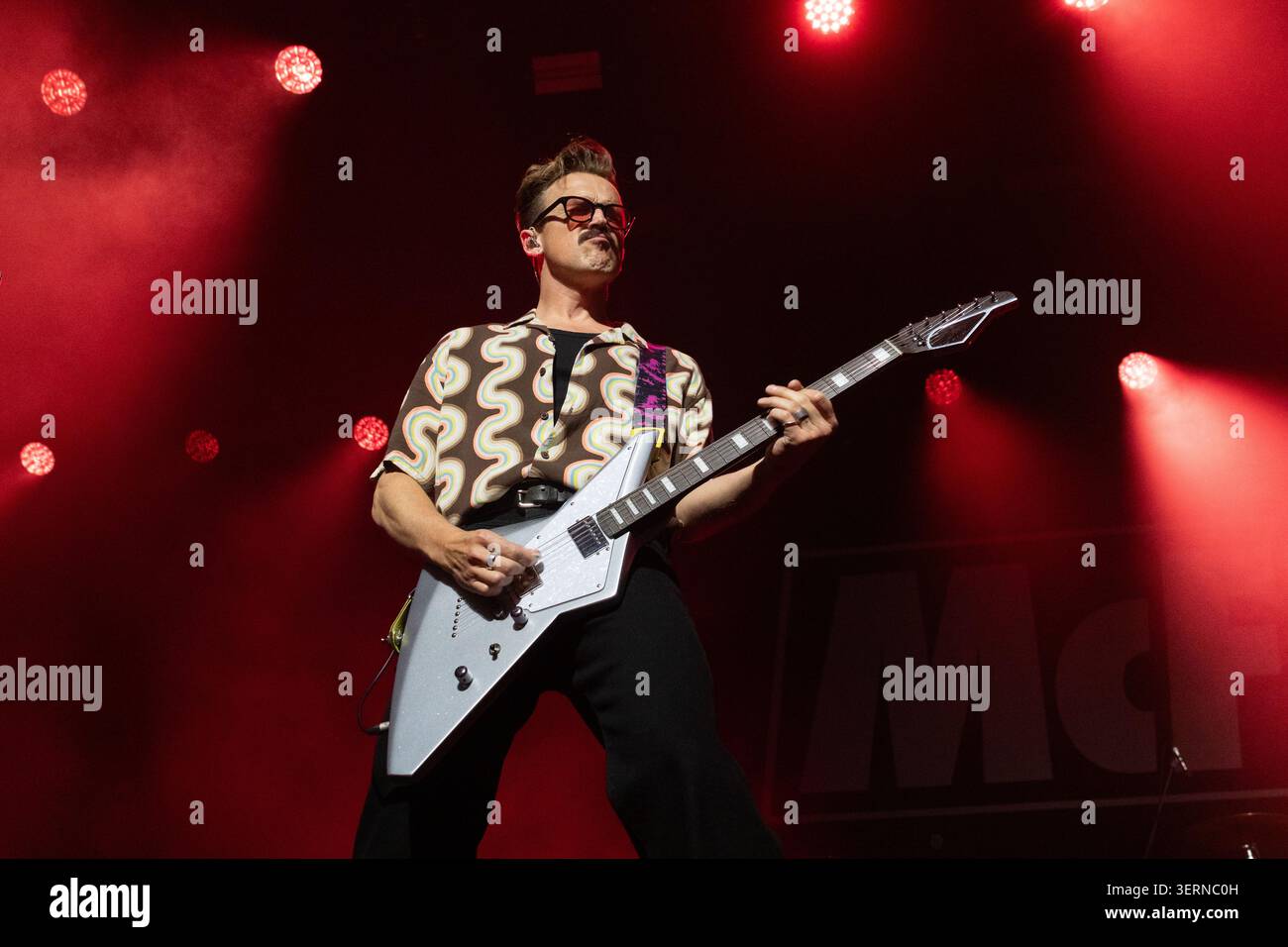 Tom Fletcher seen performing live on stage with band McFly. McFly play ...