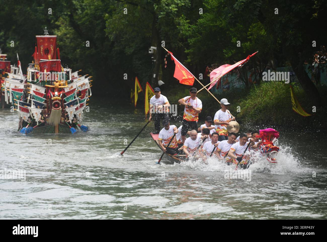 Locals row a traditional dragon boat in a race in the Xixi Wetland in ...