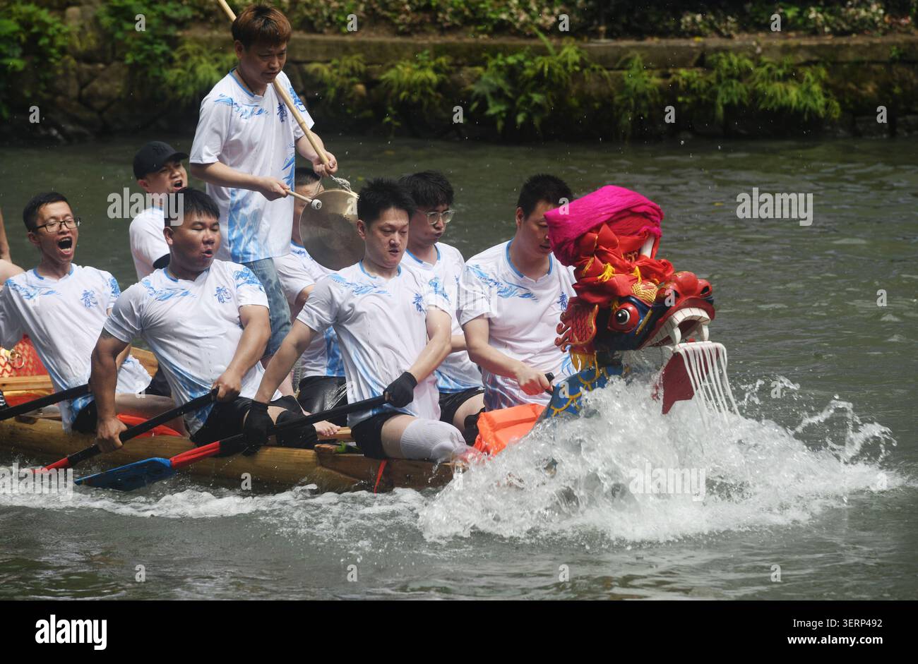 Locals row a traditional dragon boat in a race in the Xixi Wetland in ...